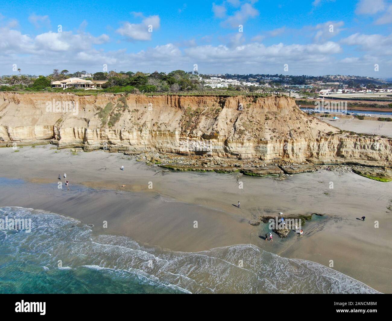 Aerial view of Del Mar North Beach, California coastal cliffs and House ...