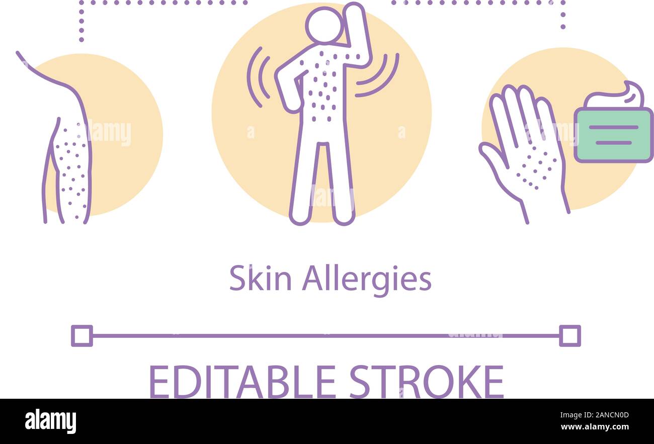 Skin allergies concept icon. Contact dermatitis, hives, rush idea thin ...