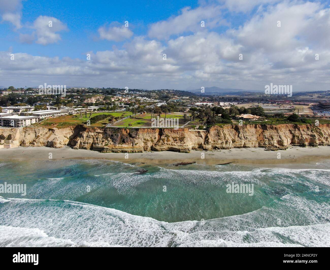 Aerial view of Del Mar North Beach, California coastal cliffs and House ...
