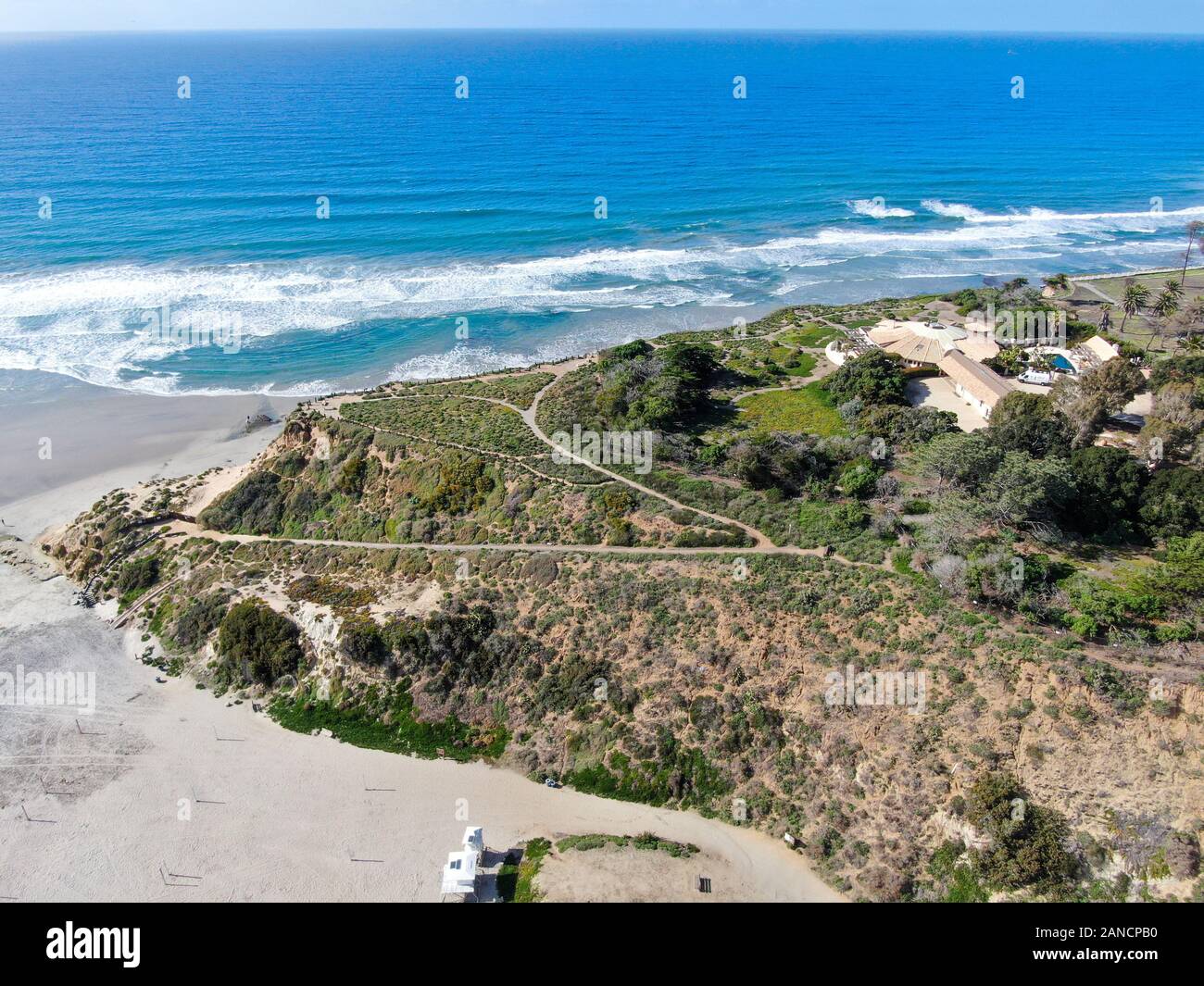 Aerial view of Del Mar North Beach, California coastal cliffs and House ...