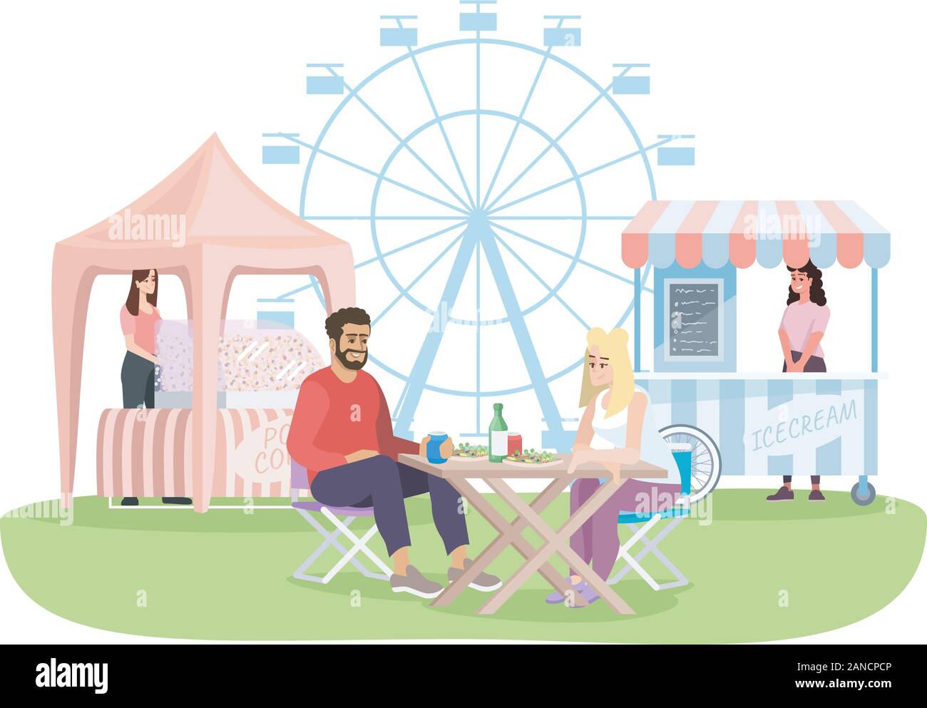 Couple at summer fun fair outdoor cafe flat illustration. Boyfriend ...