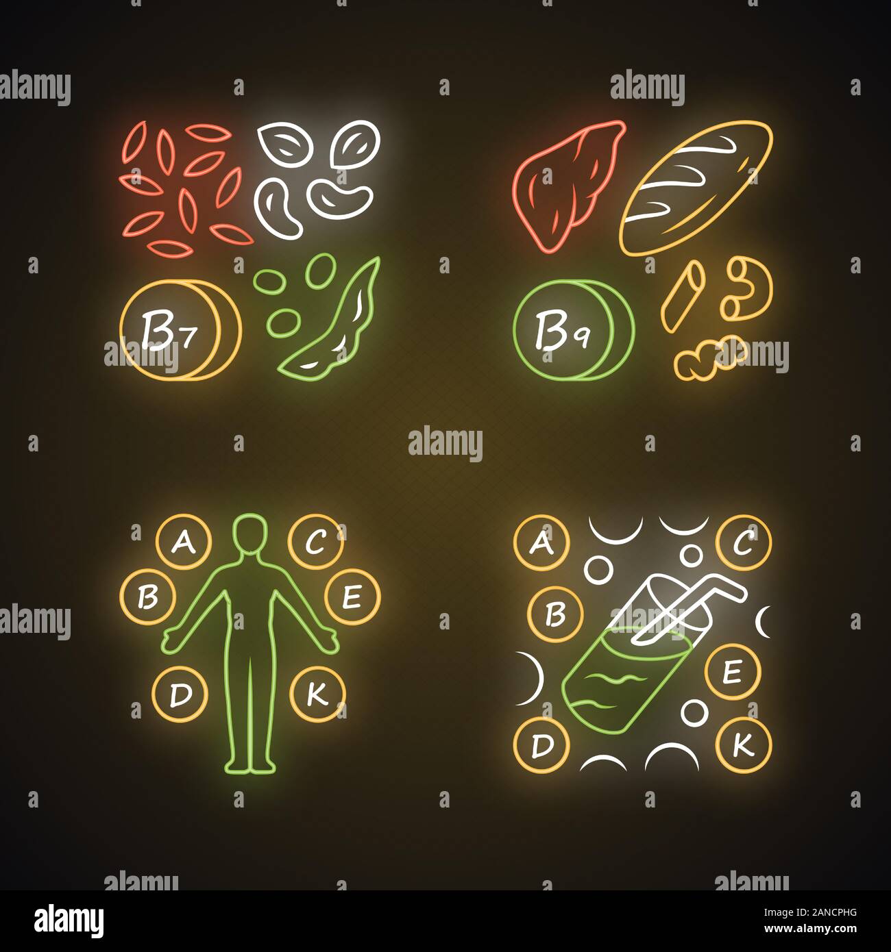 Vitamins neon light icons set. B1, B9 natural food source. Vitamin ...