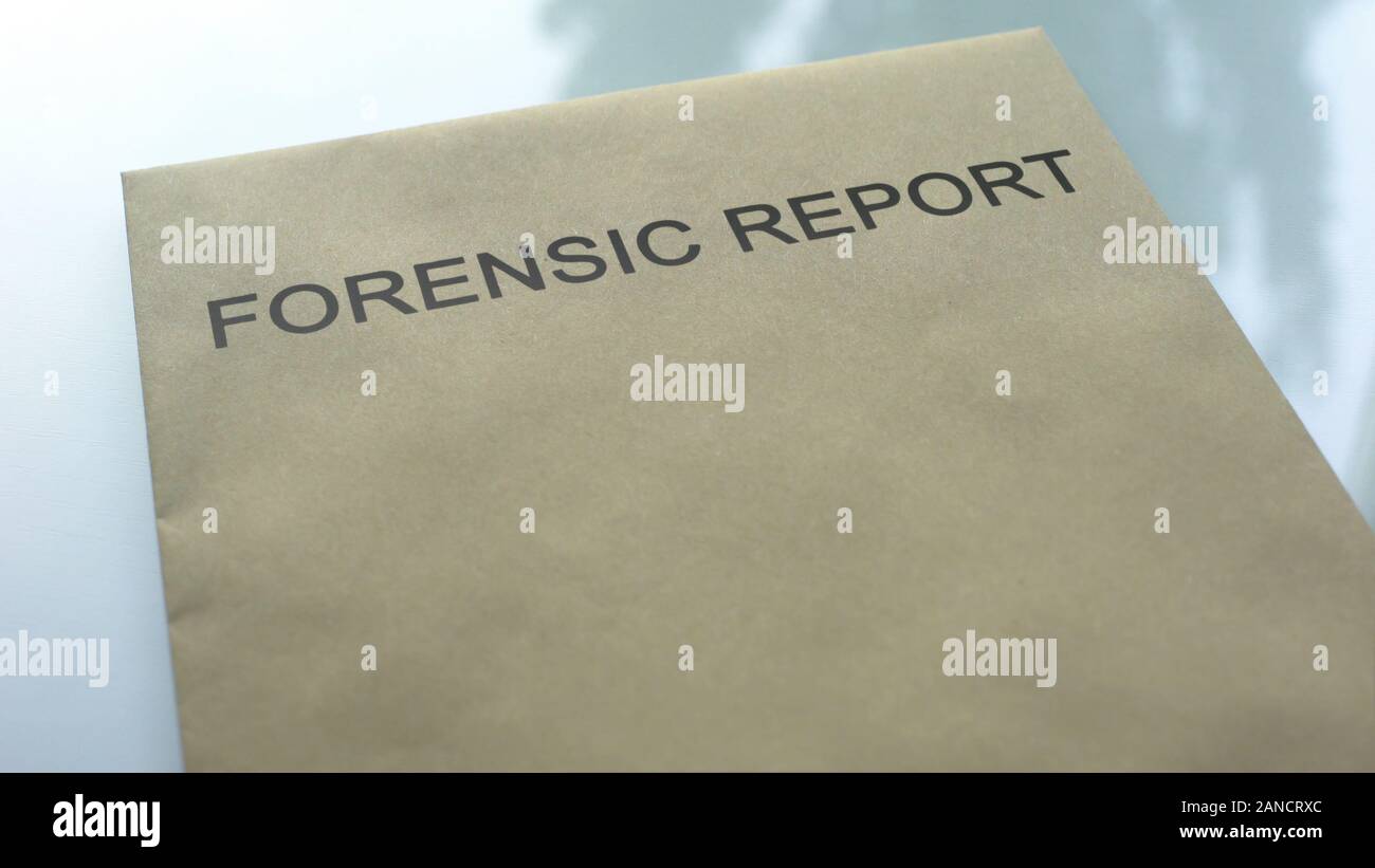 Forensic report, folder with important documents lying on table ...