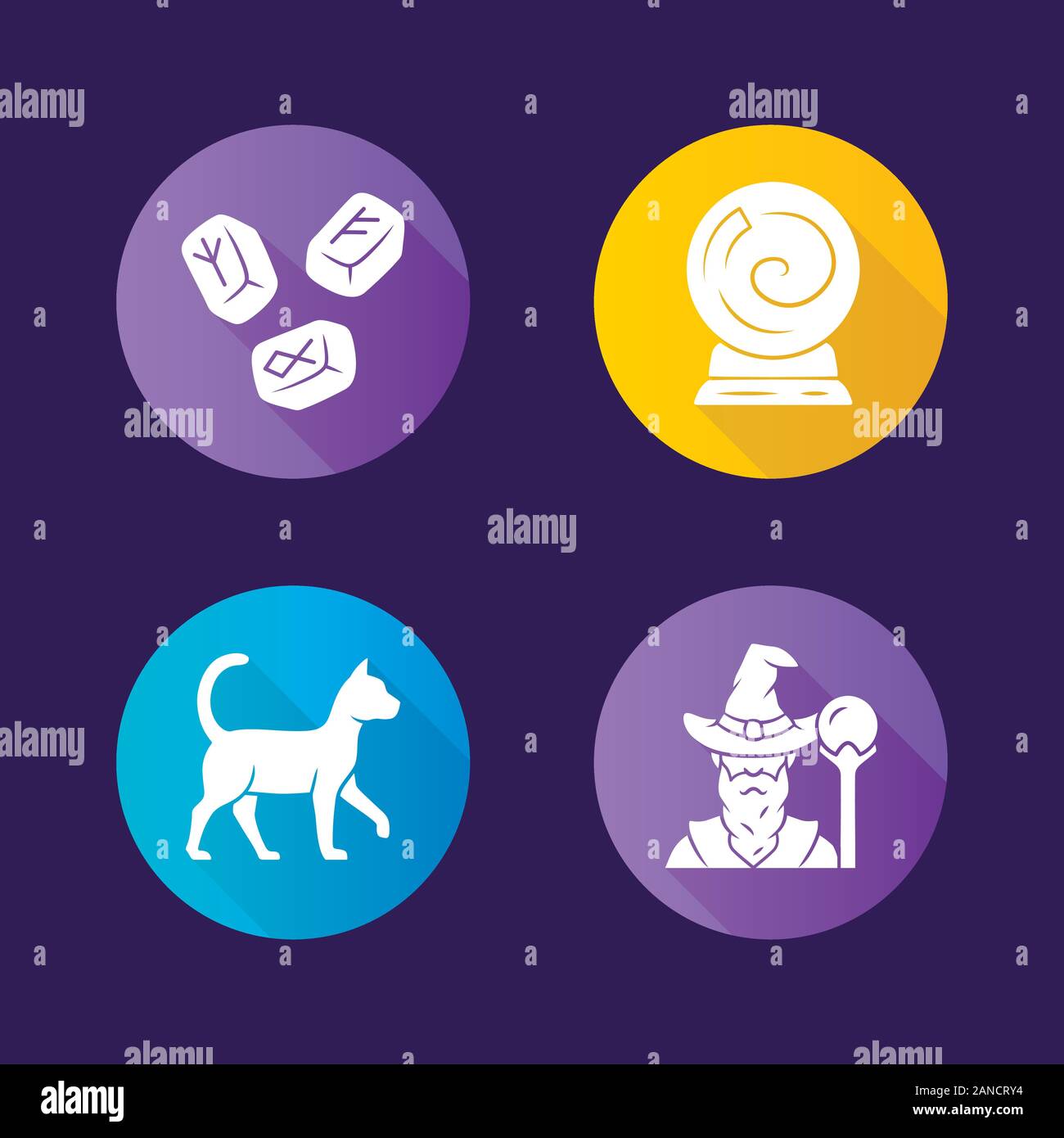 Magic flat design long shadow glyph icons set. Runestones, fortune ...
