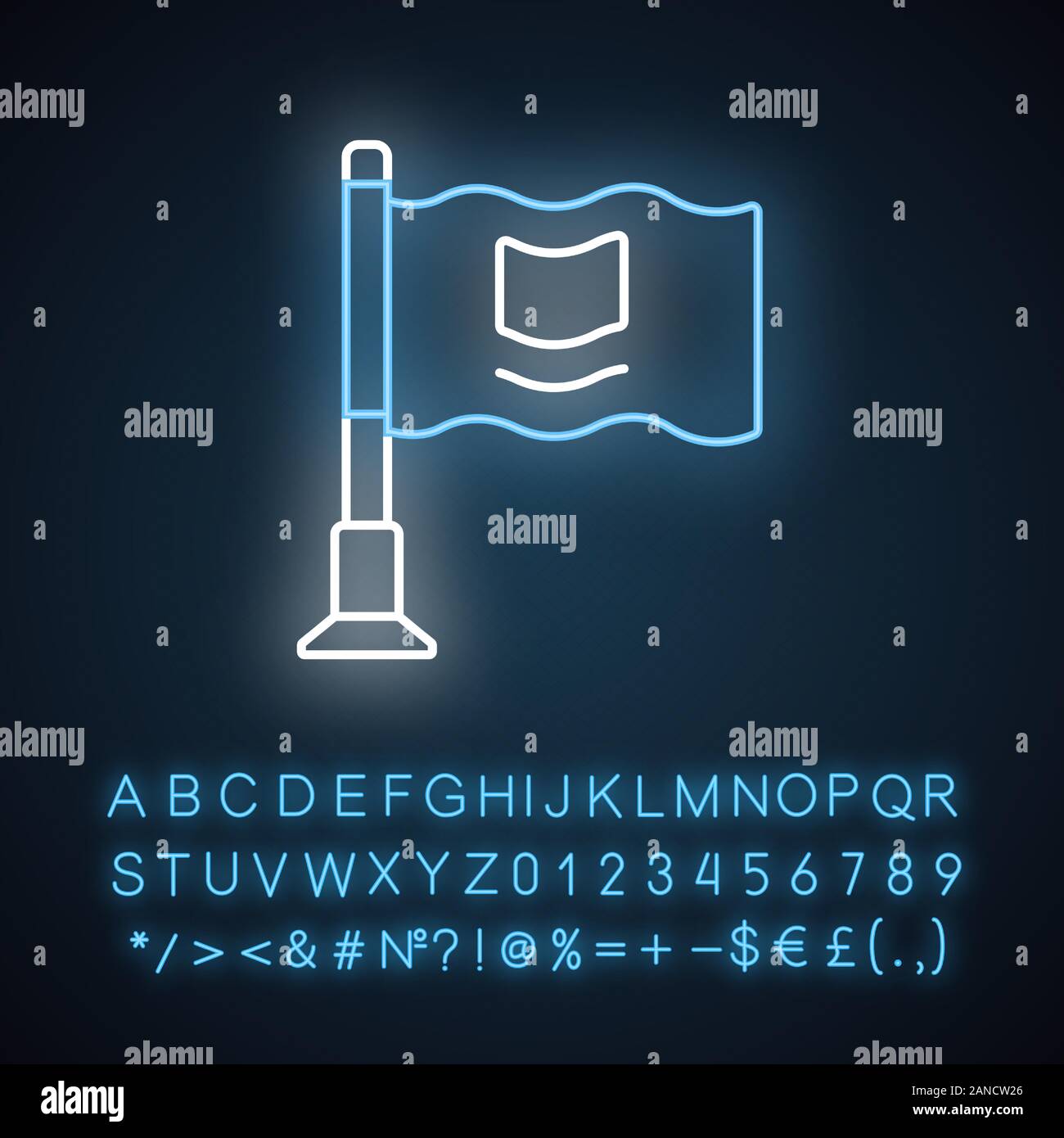 Small waving flag neon light icon. Glowing sign with alphabet, numbers ...