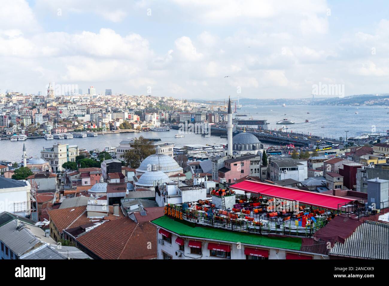 Birds eye view of Istanbul's rooftops, Galata tower, Bosphorus Stock ...