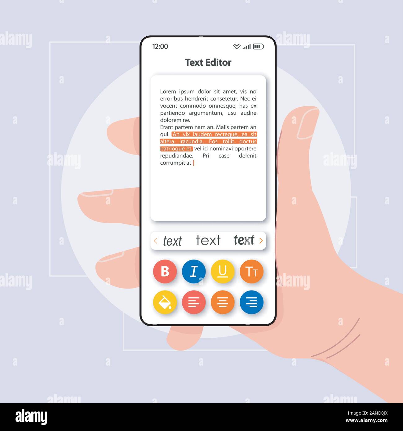 Text editor smartphone interface vector template. Mobile app page color ...