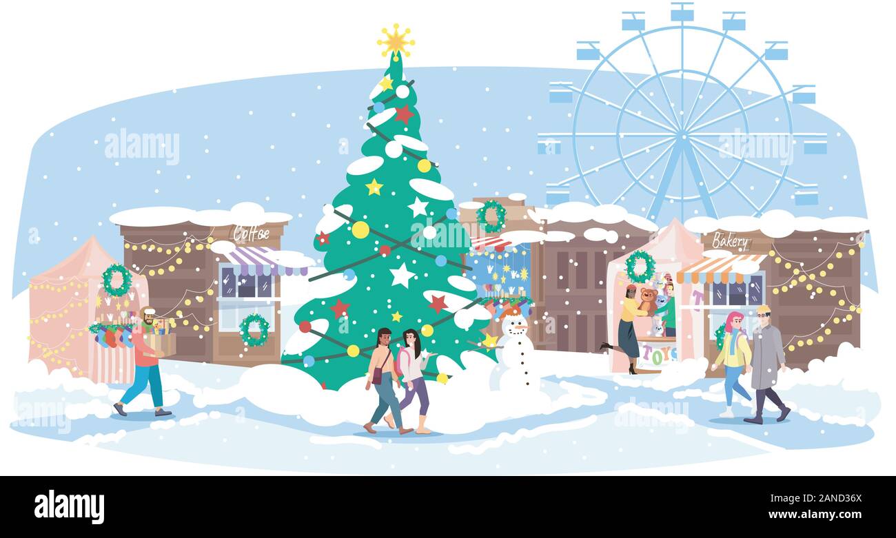 Christmas fair flat vector illustration. Xmas street market, funfair ...
