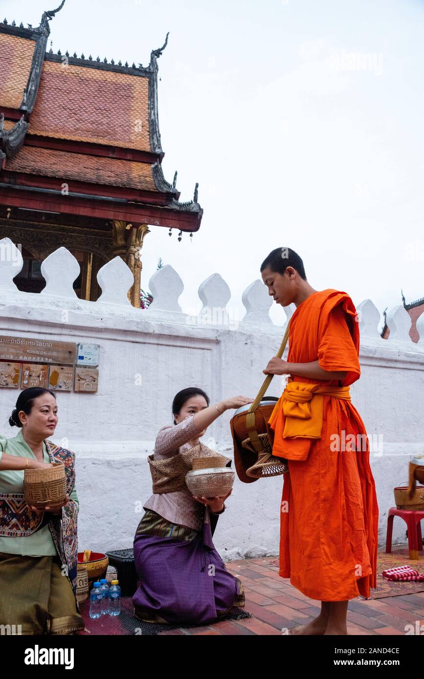 Monks and tourists participate in sai bat (morning alms giving), Luang ...