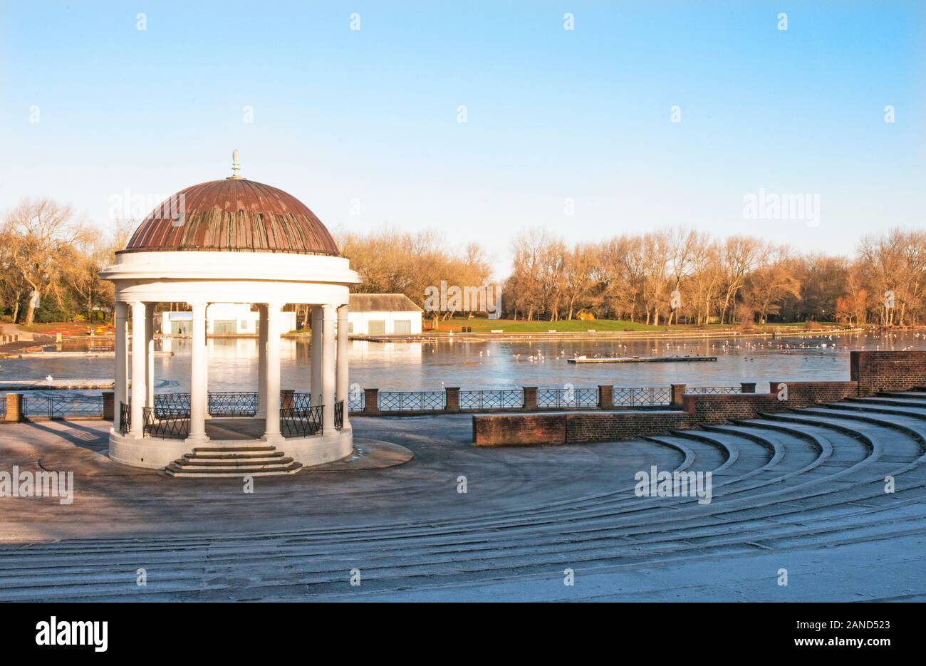Deserted Bandstand and arena by lake on a winters day in Stanley Park ...