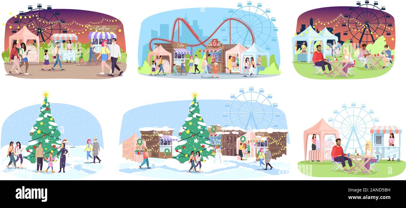 Fun fair flat vector illustrations set. Winter and summer street market ...