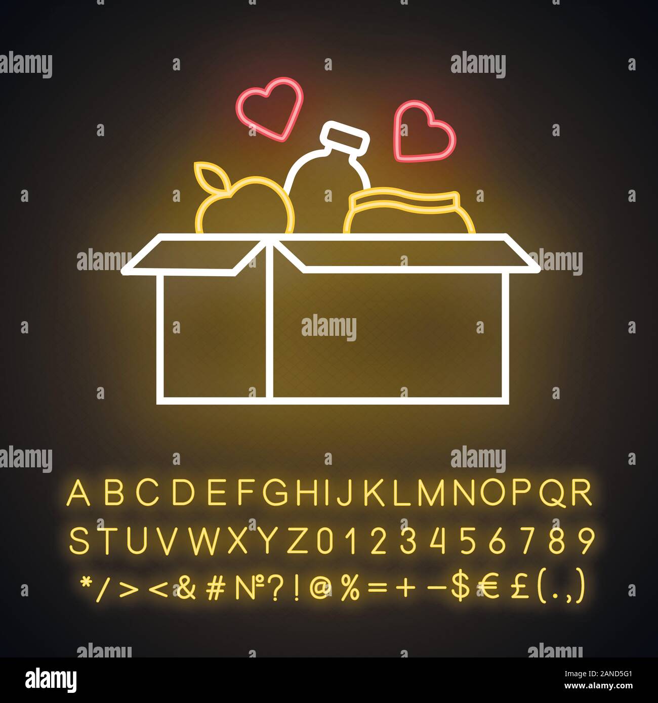 Food donations neon light icon. Charity food collection. Box with meal ...