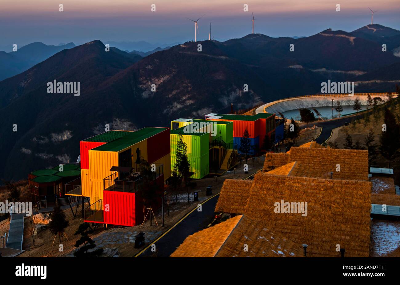 A colorful container hotel, a hotel composed of various container and ...