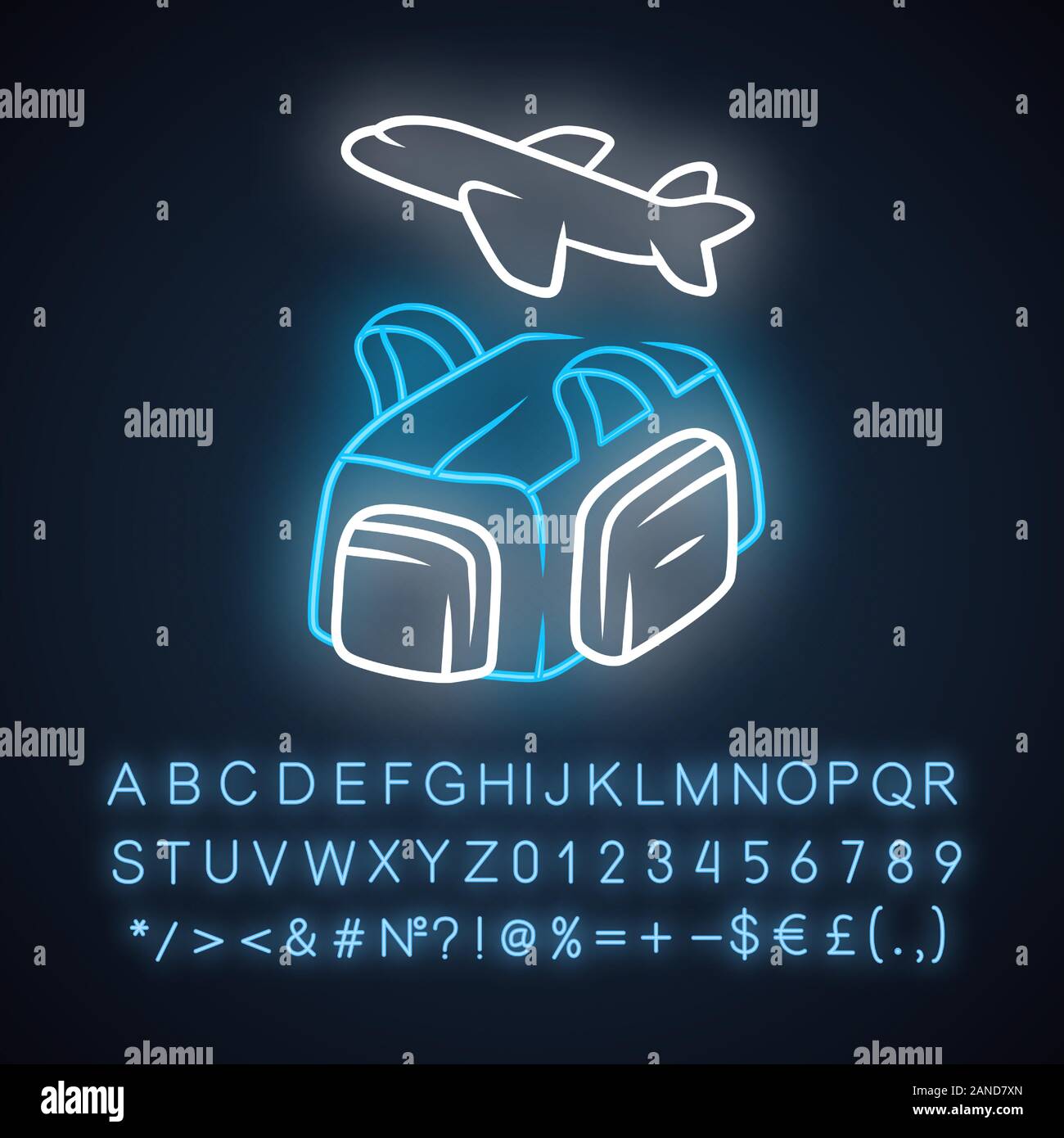 Flight, travelling bag neon light icon. Carry on duffel luggage ...