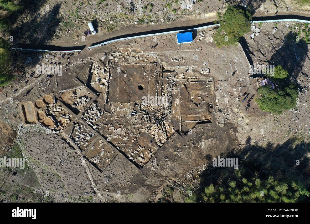 An aerial view of Dahuping archaeological site in Pingjiang county ...