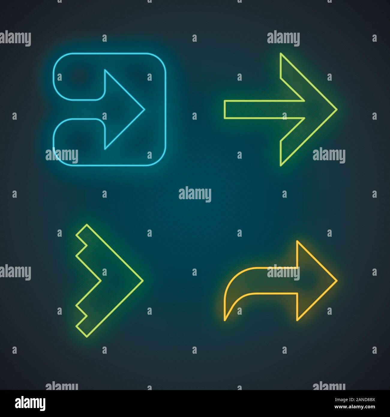 Arrow types neon light icons set. Forward, right, curved and geometric ...