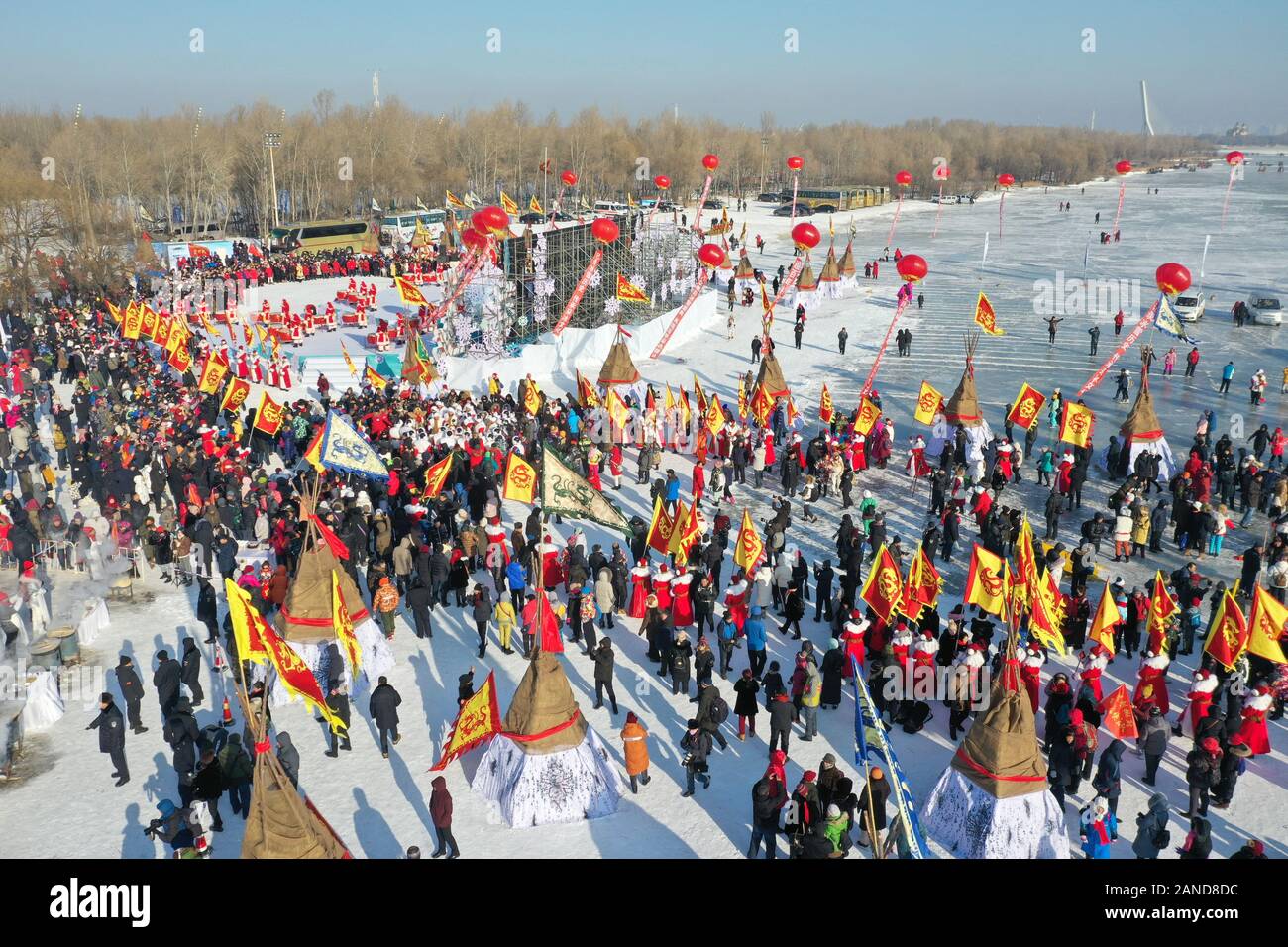 An aerial view of tourists gathering on Songhua River, the largest ...