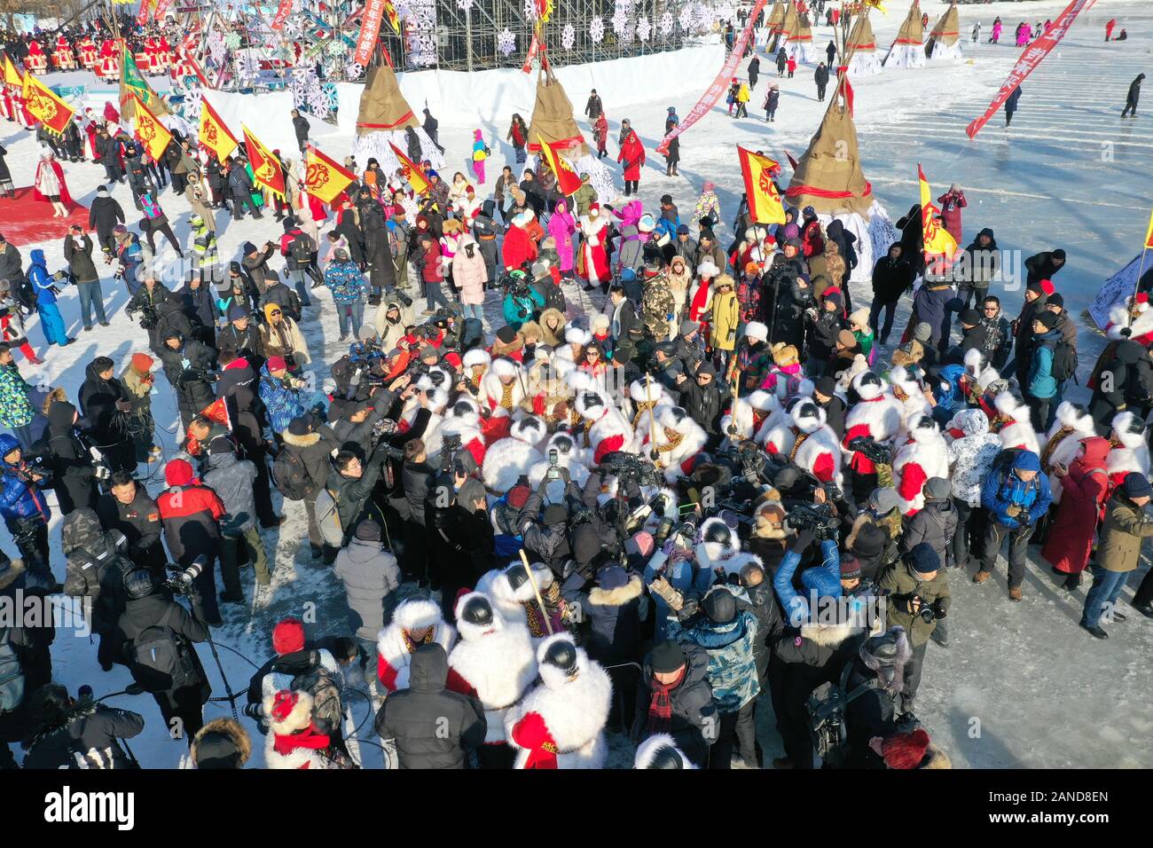 An aerial view of tourists gathering on Songhua River, the largest ...