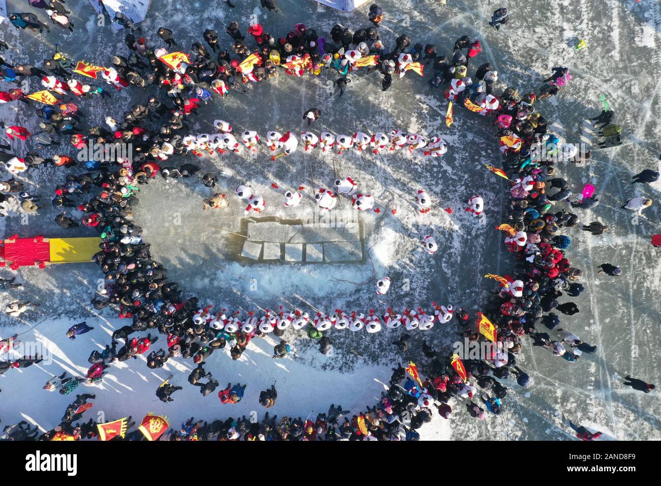 An aerial view of tourists gathering on Songhua River, the largest ...