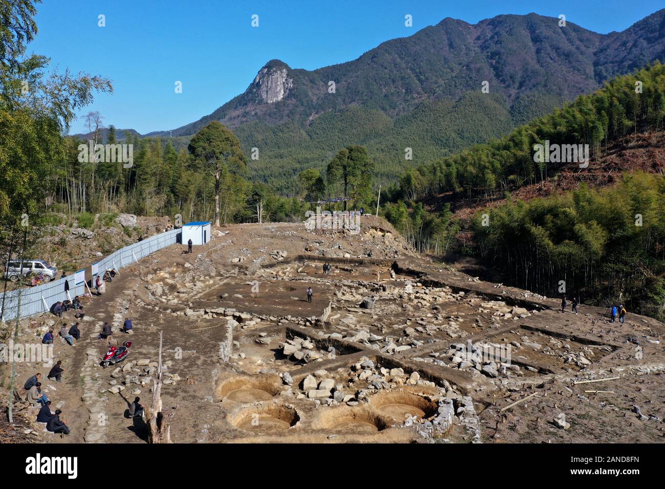 An aerial view of Dahuping archaeological site in Pingjiang county ...