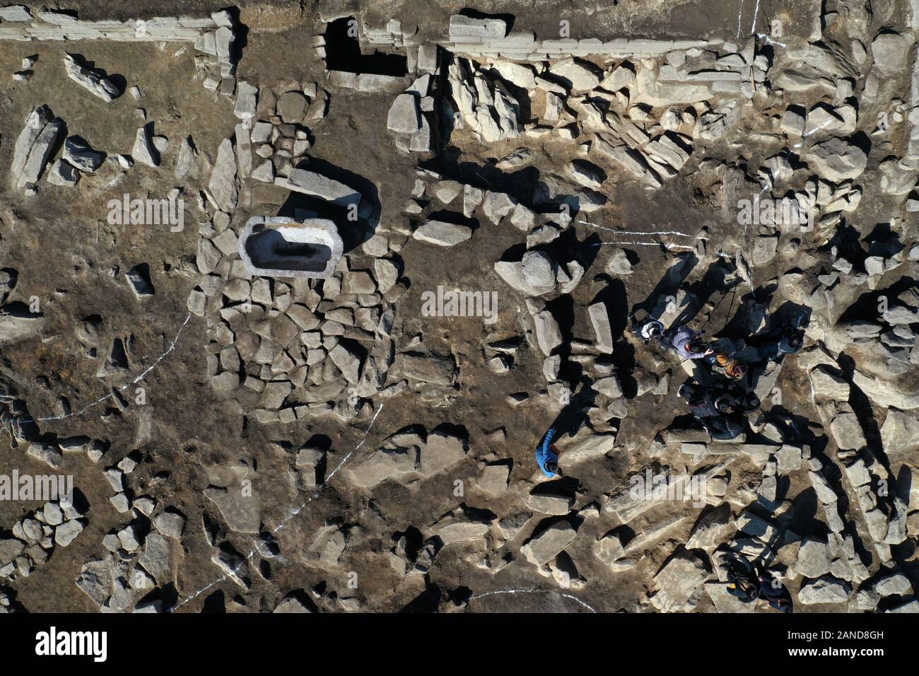 An aerial view of Dahuping archaeological site in Pingjiang county ...