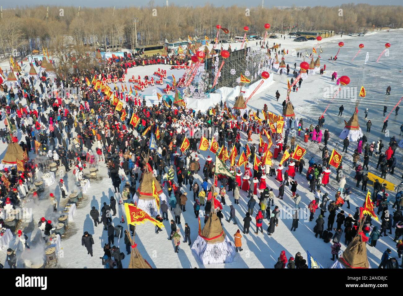 An aerial view of tourists gathering on Songhua River, the largest ...