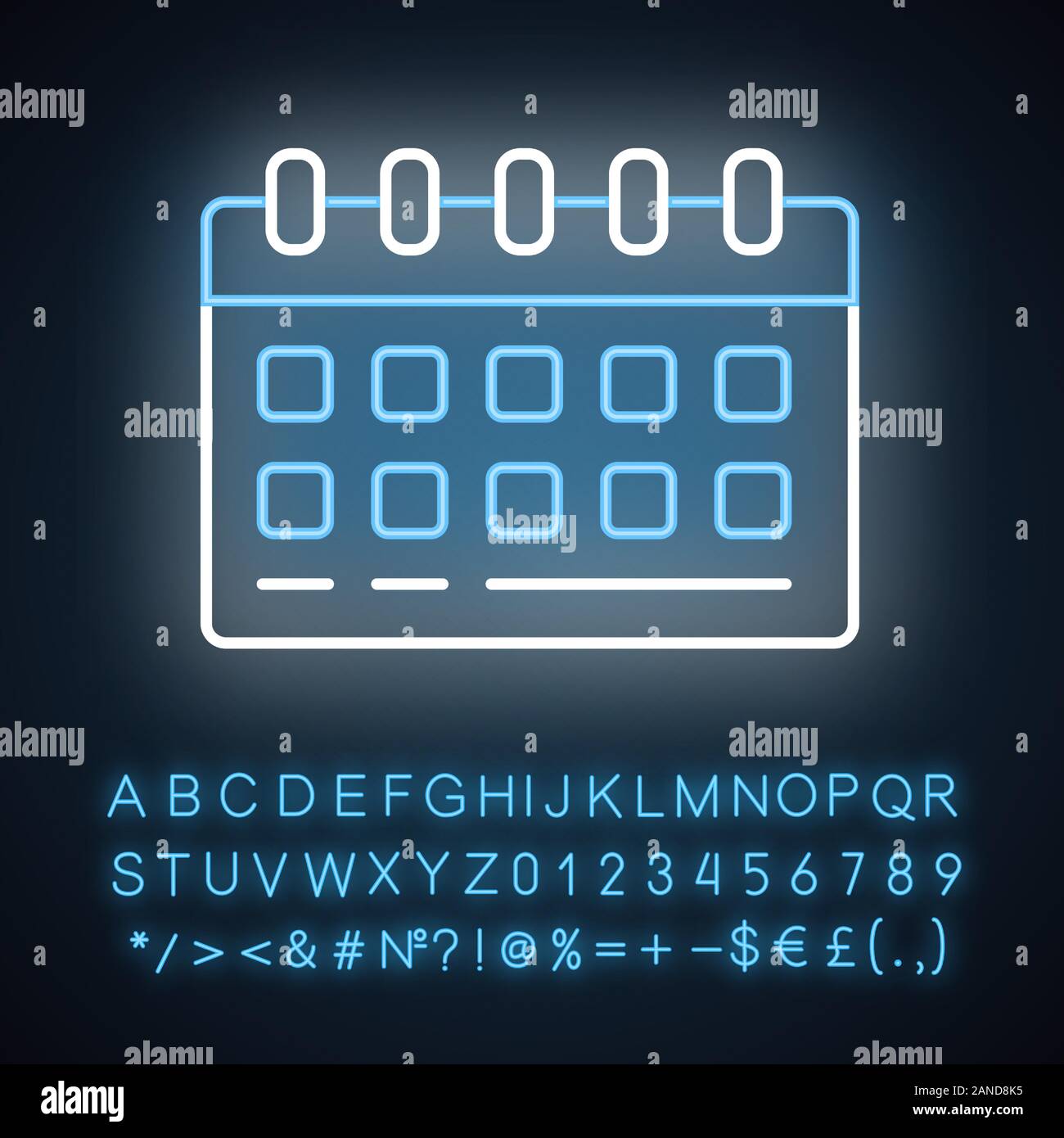 Wall calendar, desk planner neon light icon. Glowing sign with alphabet ...
