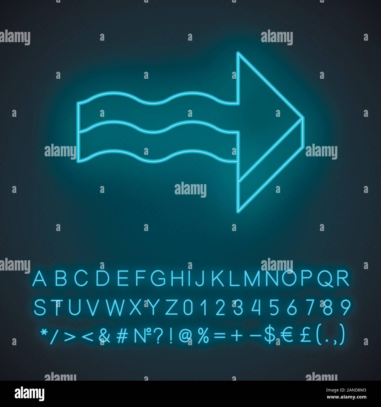 3d wavy arrow neon light icon. Rightward direction. Pointing arrowhead ...