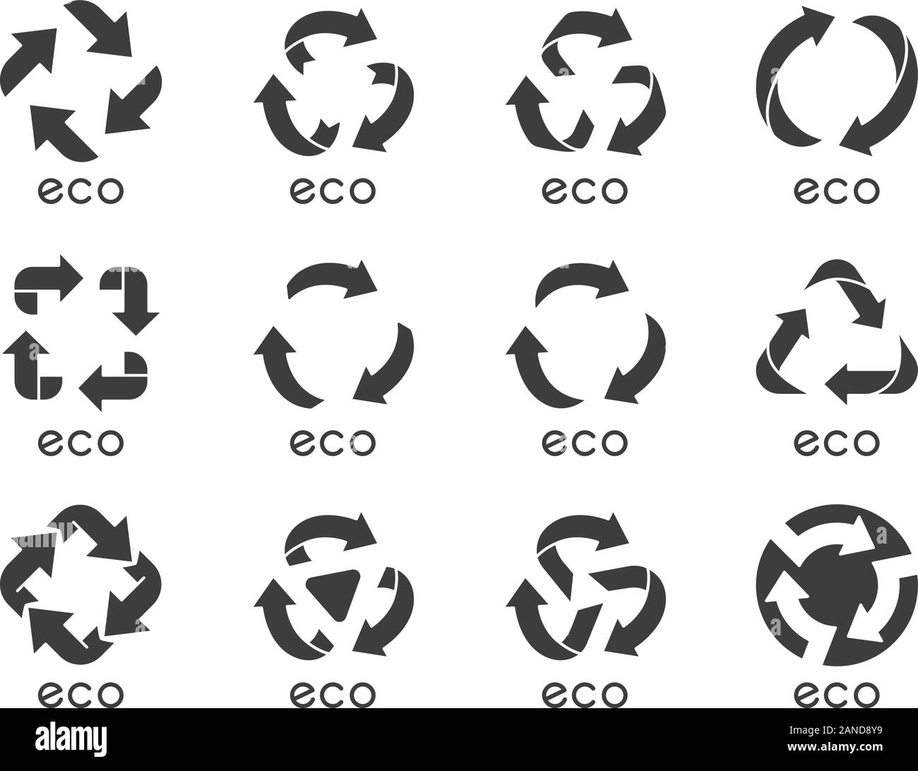 Eco labels glyph icons set. Arrows signs. Recycle symbols. Alternative ...