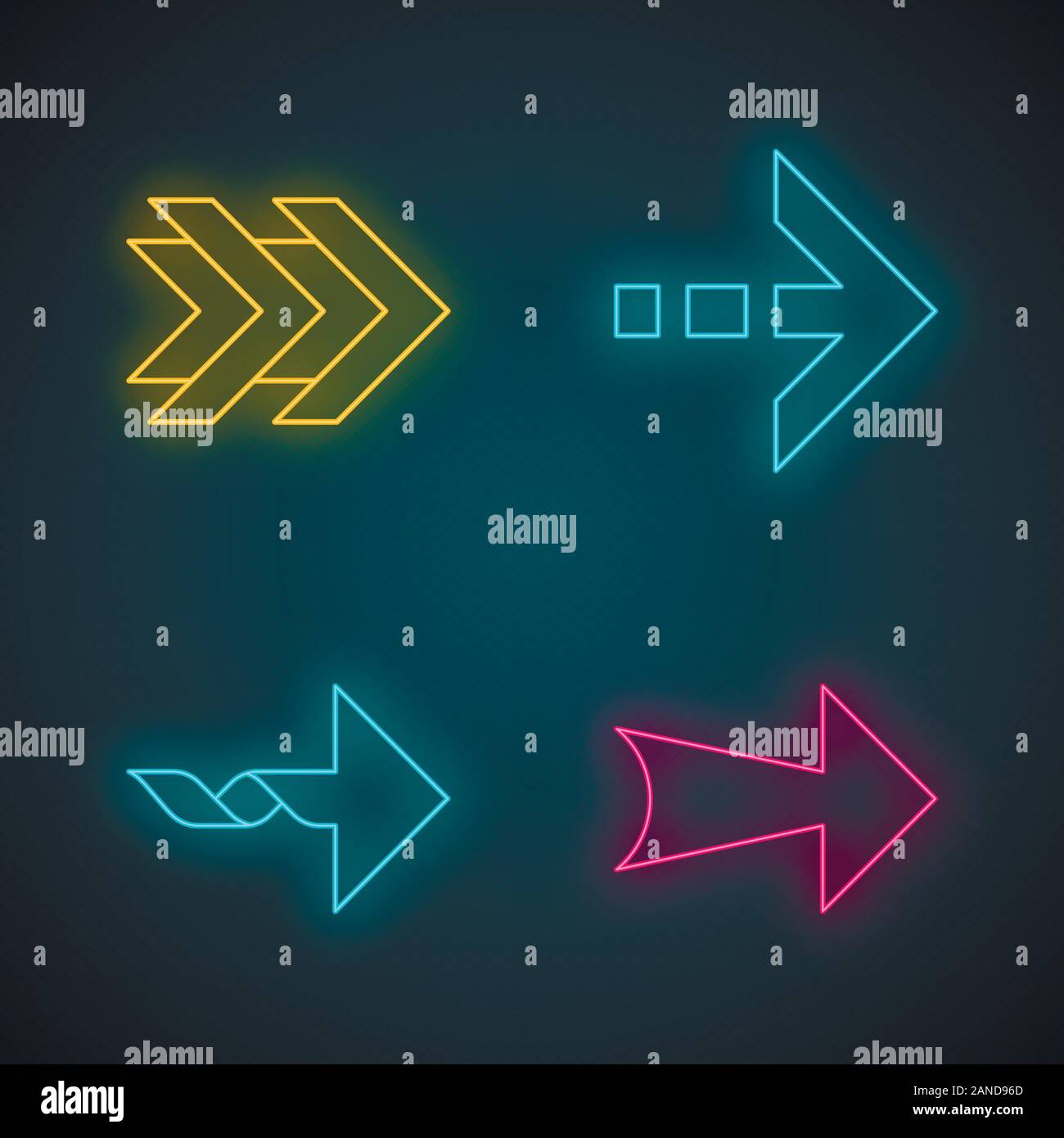 Arrows neon light icons set. Double, dotted, twisted, wide next arrows ...