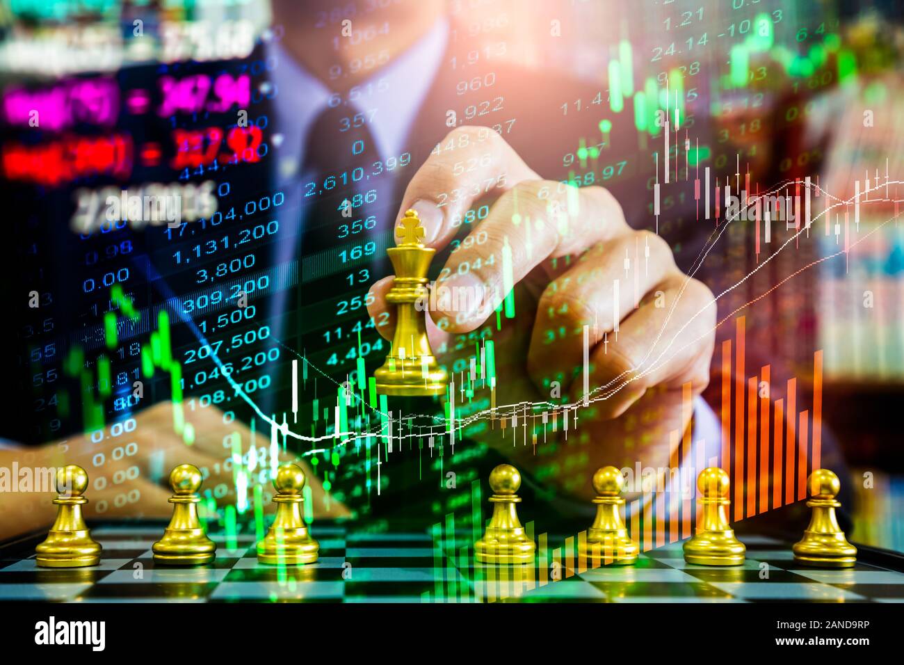 Chess game on chess board on stock market or forex trading graph chart ...