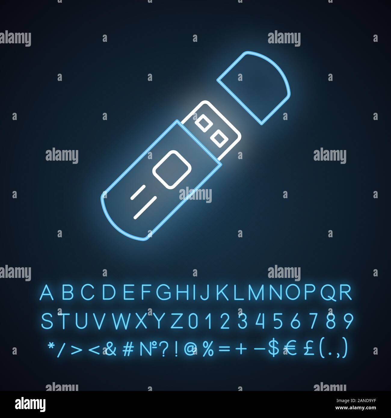USB flash drive neon light icon. Glowing sign with alphabet, numbers ...