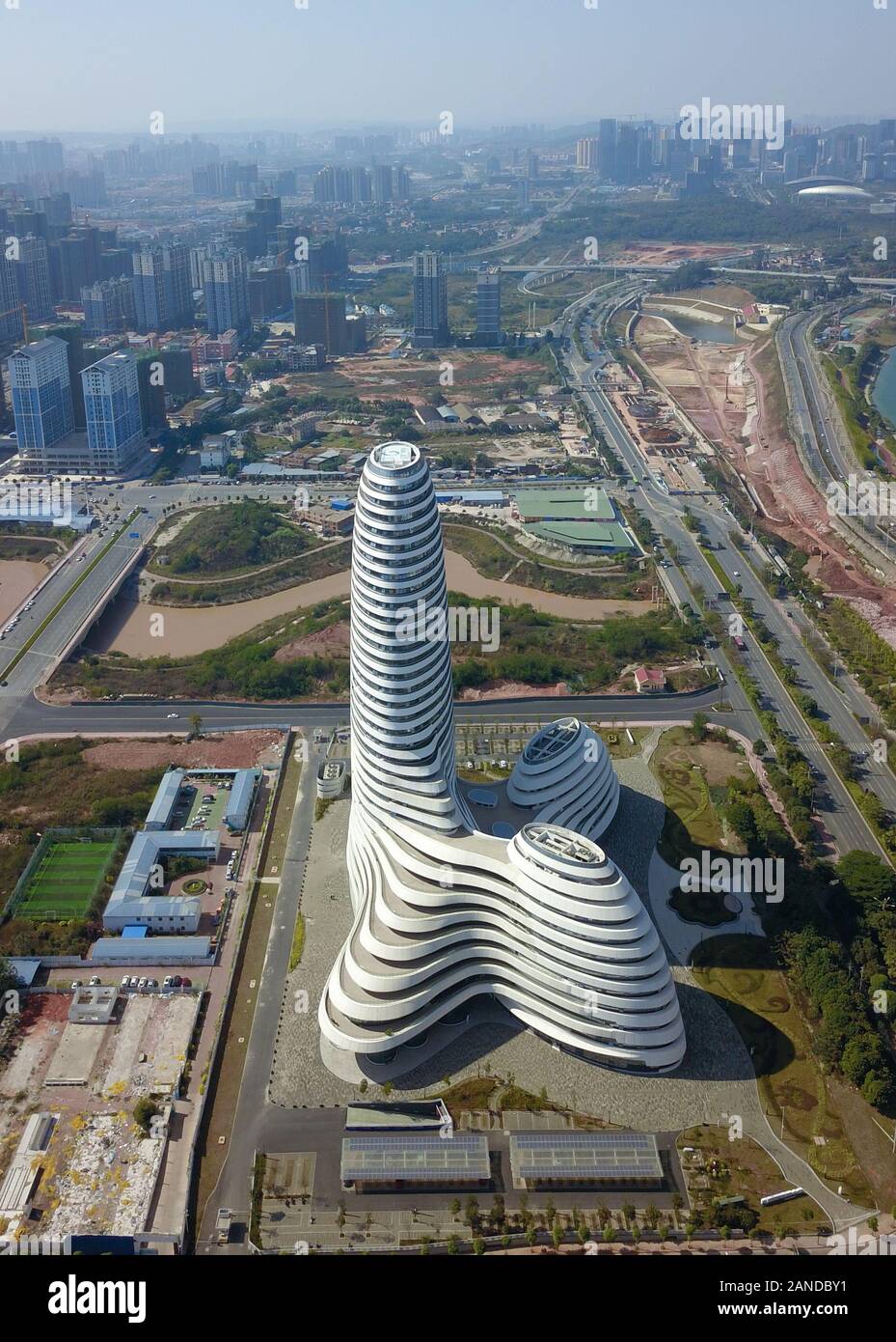 An aerial view of the unique-shaped Guangxi New Media Center, a new ...