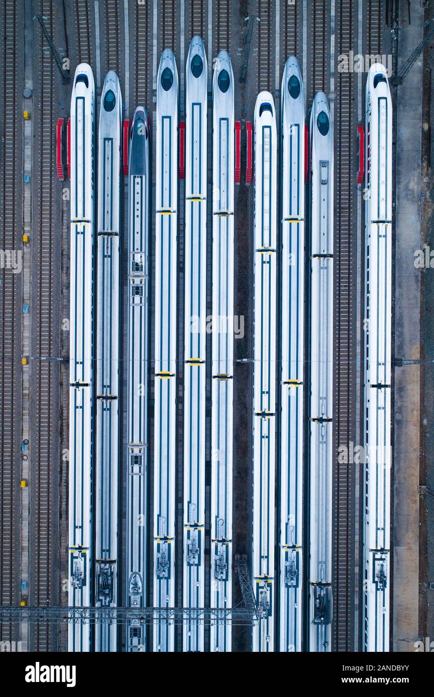 An aerial view of high-speed trains parking at Wuhan Railway Station ...