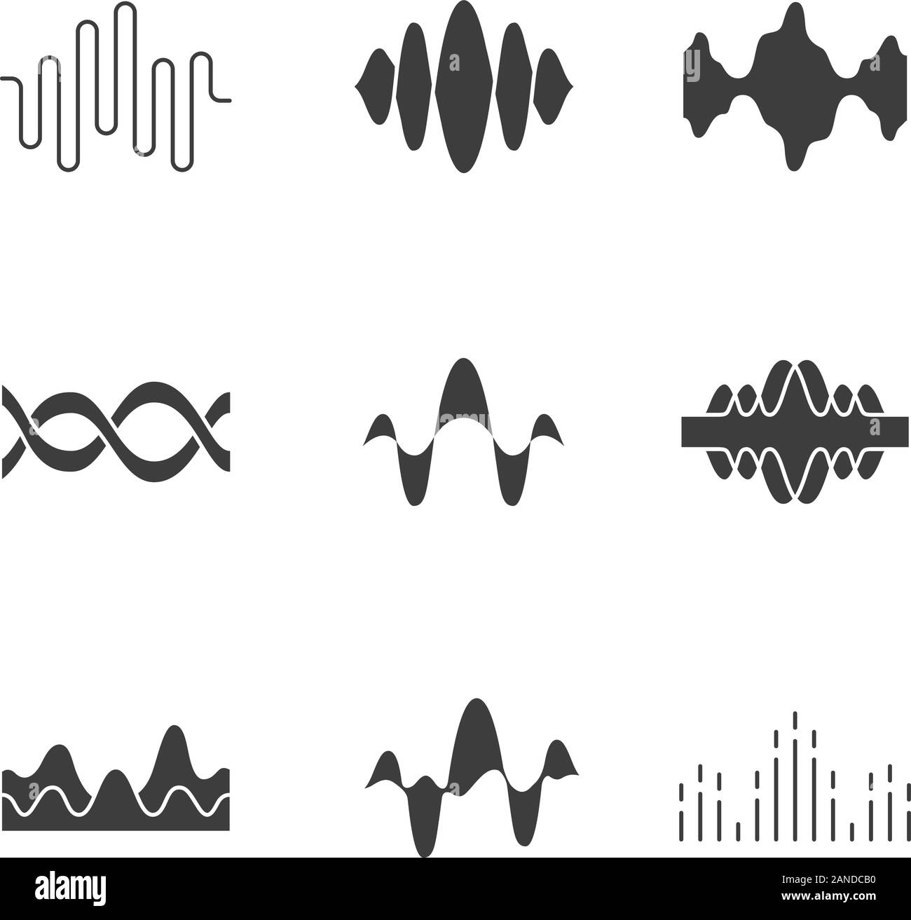 Sound and audio waves glyph icons set. Silhouette symbols. Voice recording, radio signal ...