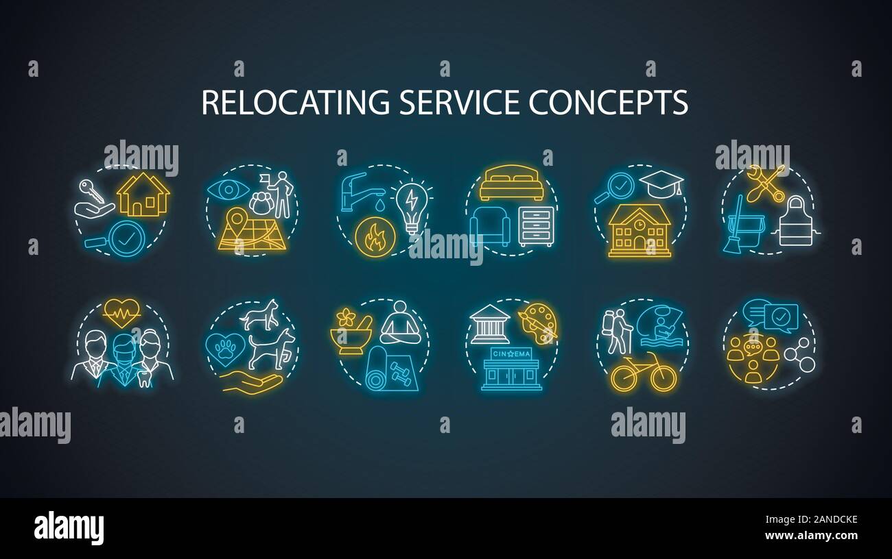 Relocating services neon light concept icons set. Moving house ...
