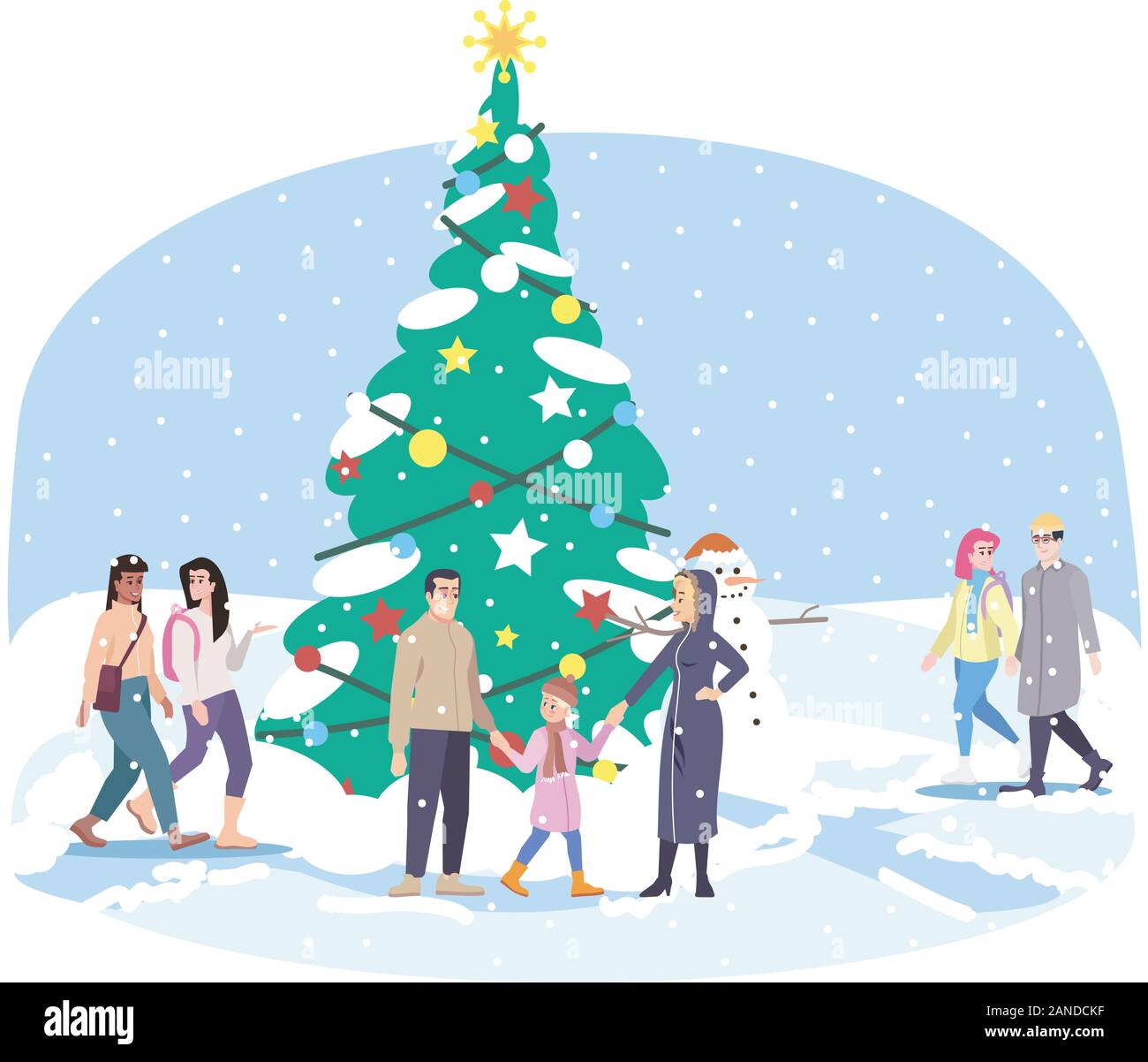 City park Xmas tree flat vector illustration. Winter festival ...