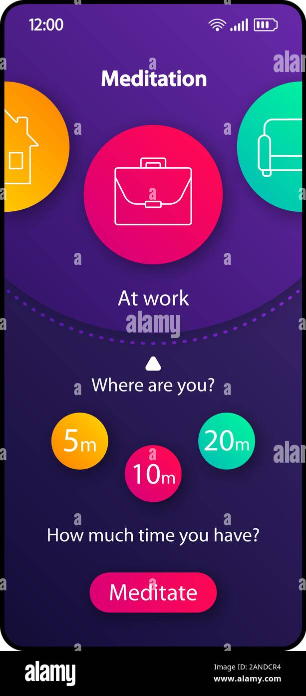 Meditation reminder smartphone interface vector template. Mobile app ...