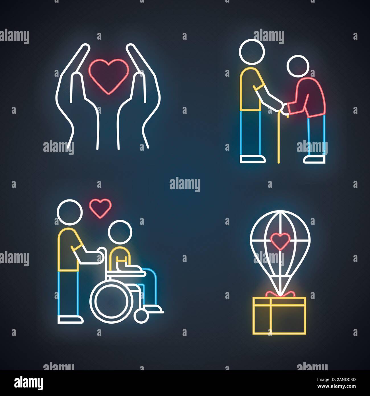 Volunteering neon light icons set. Charity project, disabled and ...