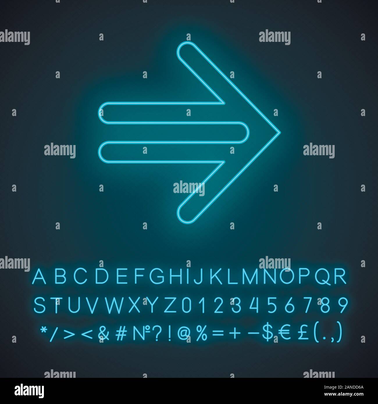 Double-lined arrow neon light icon. Forward indicator. Arrowhead pointing to right direction ...