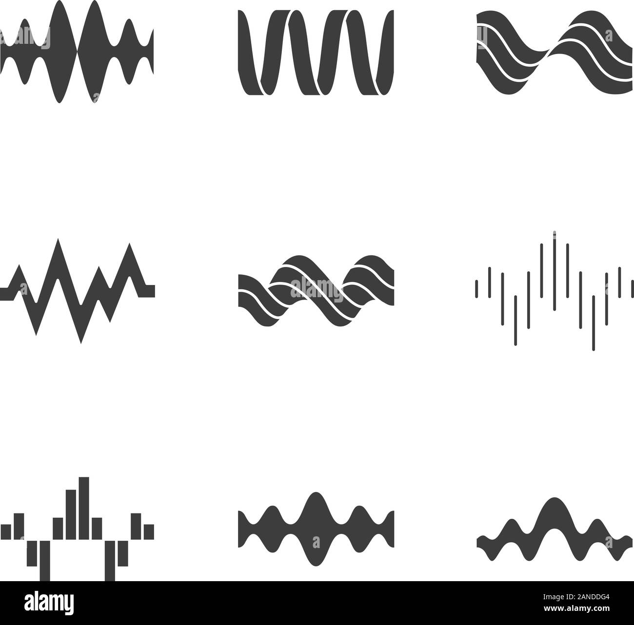 Sound waves glyph icons set. Silhouette symbols. Music rhythm, heart ...