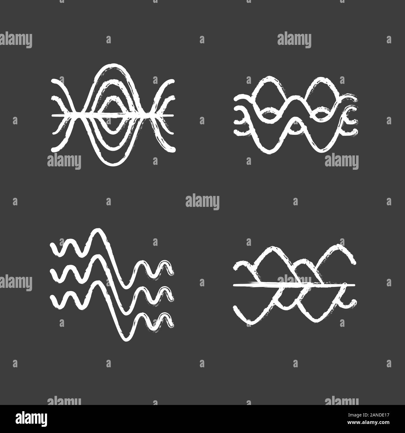Sound waves chalk icons set. Vibration, noise amplitude, levels ...