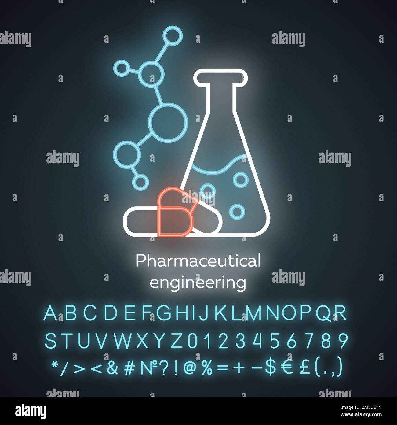 Pharmaceutical engineering neon light icon. Drug formulating. Chemical ...