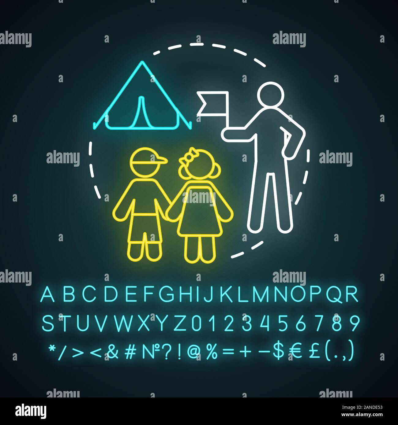 Summer camp counselor neon light icon. Seasonal job. Childcare worker ...