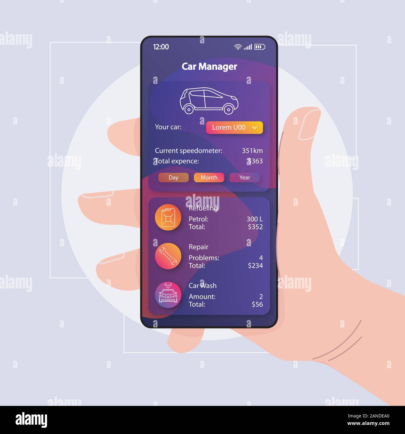 Car expenses control smartphone interface vector template. Mobile app ...