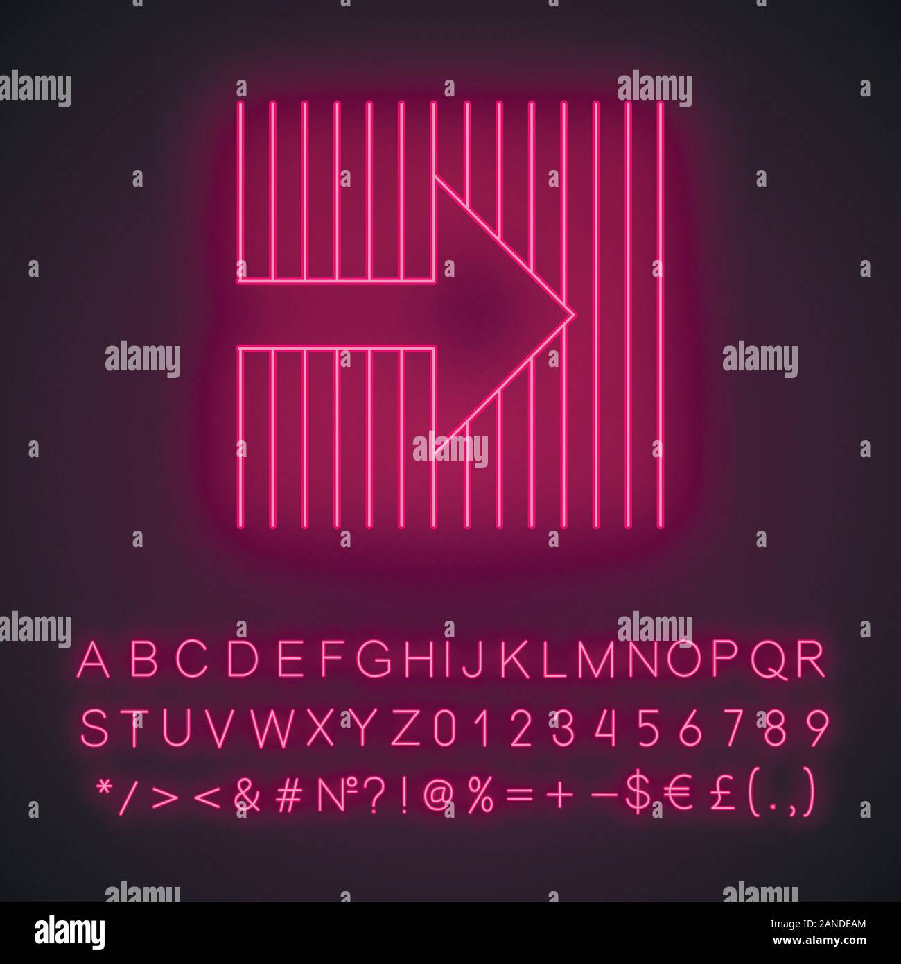 Arrow on striped backdrop neon light icon. Arrow pointing to right ...