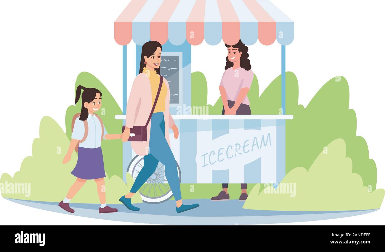 Ice cream street market cart with seller flat vector illustration ...