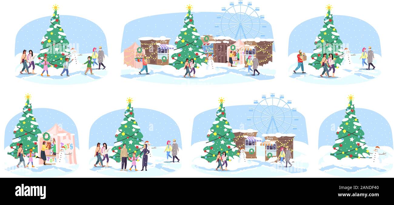 Christmas fair flat vector illustrations set. Winter market stalls ...