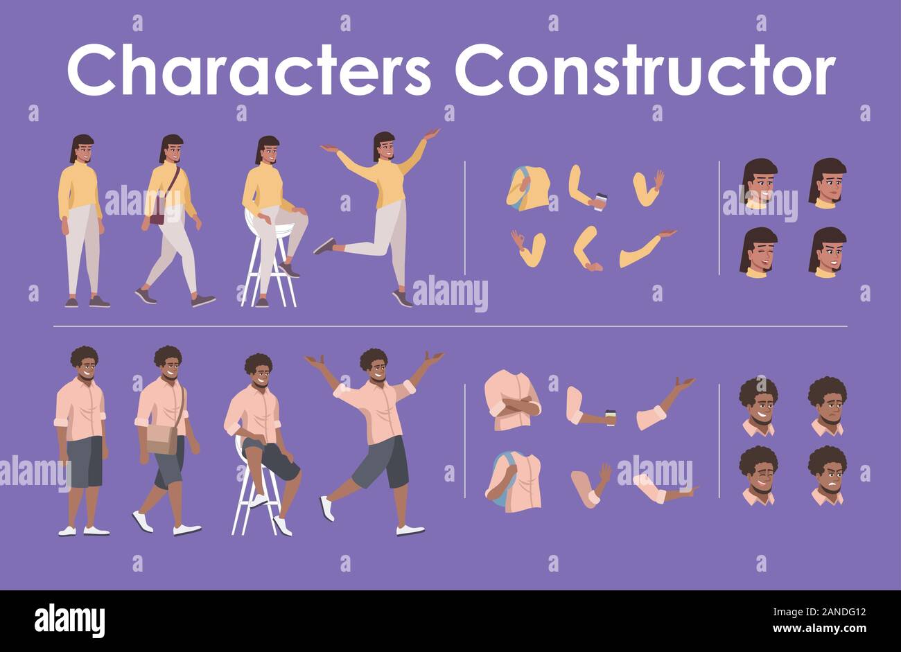 Dark skin people front view animated flat vector characters design set ...