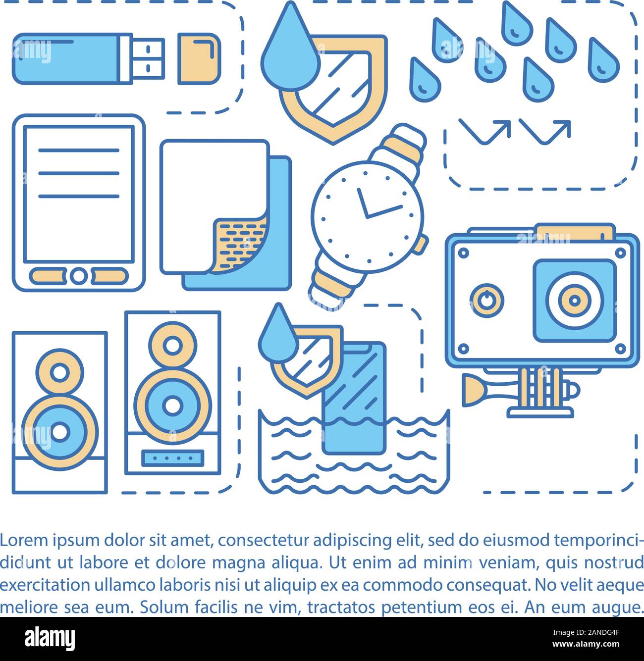 Waterproof, water resistant electronics article page vector template ...